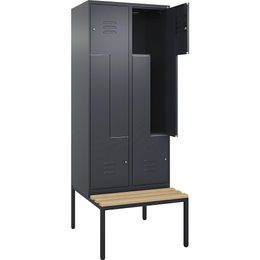 C+P Z-Spind Classic PLUS Sitzbank, 2 Abteile, grau, B 800 mm, Zylinderschloss, untergebaut, Buche-Hartholz