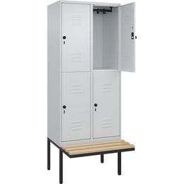 C+P Doppelstock-Spind Classic PLUS Sitzbank, 2 Abteile, lichtgrau, B 800 mm, Sicherheits-Drehriegel, auskragend, Buche-Hartholz