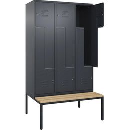 C+P Z-Spind Classic PLUS Sitzbank, 3 Abteile, grau, B 1200 mm, Zylinderschloss, untergebaut, Buche-Hartholz