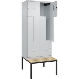 C+P Z-Spind Classic PLUS Sitzbank, 2 Abteile, lichtgrau, B 800 mm, Zylinderschloss, untergebaut, Buche-Hartholz