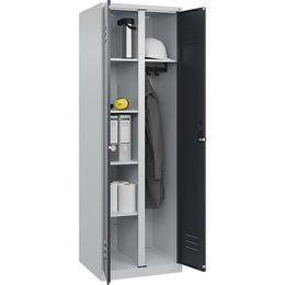 C+P Putzmittelspind Classic PLUS, 1 Abteil, Trennwand mittig, lichtgrau / grau, B 600 mm, mit Bodengleitern, Drehriegel