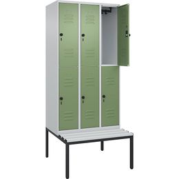 C+P Doppelstock-Spind Classic PLUS Sitzbank, 3 Abteile, lichtgrau / resedagrün, B 900 mm, Sicherheits-Drehriegel, untergebaut, Kunststoff