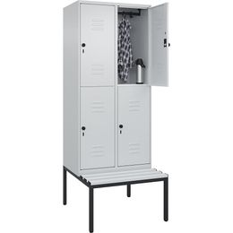 C+P Doppelstock-Spind Classic PLUS Sitzbank, 2 Abteile, lichtgrau, B 800 mm, Sicherheits-Drehriegel, untergebaut, Kunststoff