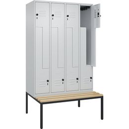 C+P Z-Spind Classic PLUS Sitzbank, 4 Abteile, lichtgrau, B 1200 mm, Sicherheits-Drehriegel, untergebaut, Buche-Hartholz