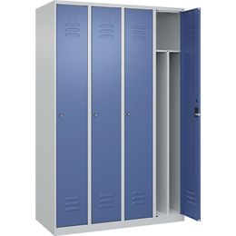 C+P Schwarz-Weiß-Spind Classic PLUS, schmal, 4 Abteile, Trennwand verkürzt, lichtgrau / fernblau, B 1200 mm, mit Bodengleitern, Zylinderschloss, Trennwand mittig