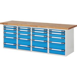 eurokraft pro Werkbank, Baukastensystem Serie 7000, 20 Schubladen, BxT 2500 x 700 mm