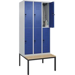 C+P Doppelstock-Spind Classic PLUS Sitzbank, 3 Abteile, lichtgrau / enzianblau, B 900 mm, Sicherheits-Drehriegel, untergebaut, Buche-Hartholz