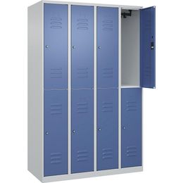 C+P Doppelstock-Spind Classic PLUS, 4 Abteile, lichtgrau / fernblau, HxB 1850 x 1200 mm, mit Bodengleitern, Zylinderschloss
