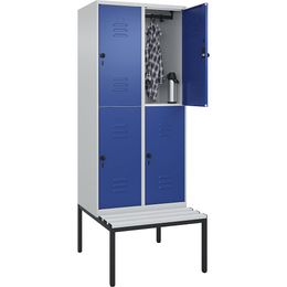 C+P Doppelstock-Spind Classic PLUS Sitzbank, 2 Abteile, lichtgrau / enzianblau, B 800 mm, Sicherheits-Drehriegel, untergebaut, Kunststoff