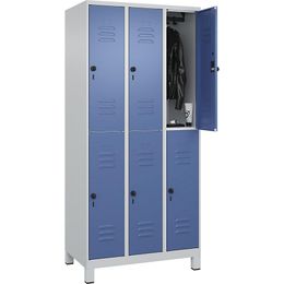 C+P Doppelstock-Spind Classic PLUS, 3 Abteile, lichtgrau / fernblau, HxB 1950 x 900 mm, mit Füßen, Drehriegel