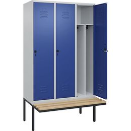 C+P Schwarz-Weiß-Spind Classic PLUS Sitzbank, schmal, 3 Abteile, Trennwand verkürzt, lichtgrau / enzianblau, B 1200 mm, Sicherheits-Drehriegel, auskragend, Buche-Hartholz