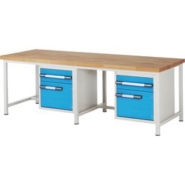 eurokraft pro Werkbank, Gestellbauweise Serie 8000, 2 Schubladen 180 mm, 2 Türen 360 mm, extrabreit, BxT 2500 x 900 mm
