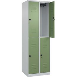 C+P Doppelstock-Spind Classic PLUS, 2 Abteile, lichtgrau / resedagrün, HxB 1850 x 600 mm, mit Bodengleitern, Drehriegel