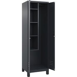 C+P Putzmittelspind Classic PLUS, 1 Abteil, Trennwand mittig, verkürzt, grau, B 600 mm, mit Füßen, Drehriegel