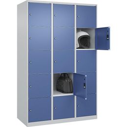 C+P 5er-Schließfachschrank Classic PLUS, 3 Abteile, lichtgrau / fernblau, B 1200 mm, 15 Fächer, mit Bodengleitern