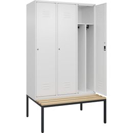 C+P Schwarz-Weiß-Spind Classic PLUS Sitzbank, schmal, 3 Abteile, Trennwand verkürzt, verkehrsweiß, B 1200 mm, Zylinderschloss, untergebaut, Buche-Hartholz