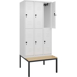 C+P Doppelstock-Spind Classic PLUS Sitzbank, 3 Abteile, verkehrsweiß, B 900 mm, Sicherheits-Drehriegel, untergebaut, Buche-Hartholz