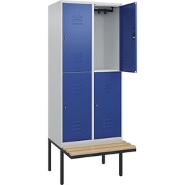 C+P Doppelstock-Spind Classic PLUS Sitzbank, 2 Abteile, lichtgrau / enzianblau, B 800 mm, Zylinderschloss, auskragend, Buche-Hartholz