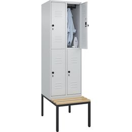 C+P Doppelstock-Spind Classic PLUS Sitzbank, 2 Abteile, lichtgrau, B 600 mm, Sicherheits-Drehriegel, untergebaut, Buche-Hartholz