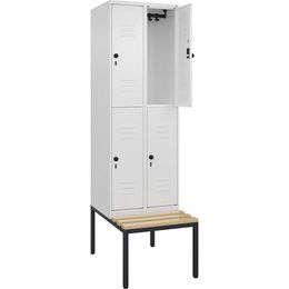 C+P Doppelstock-Spind Classic PLUS Sitzbank, 2 Abteile, verkehrsweiß, B 600 mm, Sicherheits-Drehriegel, untergebaut, Buche-Hartholz