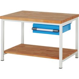 eurokraft pro Werkbank, Gestellbauweise Serie 8000, 1 Schublade 150 mm, 1 Ablageboden, BxT 1250 x 900 mm