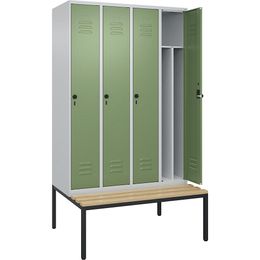 C+P Schwarz-Weiß-Spind Classic PLUS Sitzbank, schmal, 4 Abteile, Trennwand verkürzt, lichtgrau / resedagrün, B 1200 mm, Sicherheits-Drehriegel, untergebaut, Buche-Hartholz