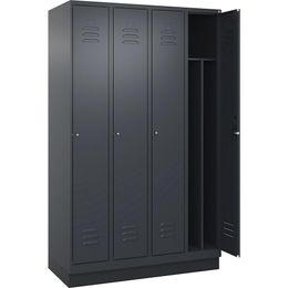 C+P Schwarz-Weiß-Spind Classic PLUS, schmal, 4 Abteile, Trennwand verkürzt, grau, B 1200 mm, mit Bodensockel, Zylinderschloss, Trennwand mittig