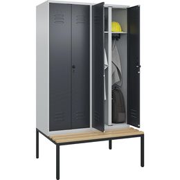 C+P Schwarz-Weiß-Spind Classic PLUS Sitzbank, 2 Abteile, lichtgrau / grau, B 1200 mm, Sicherheits-Drehriegel, untergebaut, Buche-Hartholz