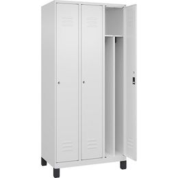 C+P Schwarz-Weiß-Spind Classic PLUS, schmal, 3 Abteile, Trennwand verkürzt, verkehrsweiß, B 900 mm, mit Füßen, Zylinderschloss, Trennwand mittig