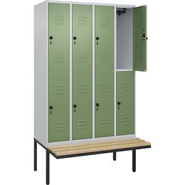 C+P Doppelstock-Spind Classic PLUS Sitzbank, 4 Abteile, lichtgrau / resedagrün, B 1200 mm, Sicherheits-Drehriegel, auskragend, Buche-Hartholz