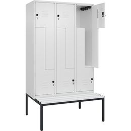 C+P Z-Spind Classic PLUS Sitzbank, 3 Abteile, verkehrsweiß, B 1200 mm, Sicherheits-Drehriegel, untergebaut, Kunststoff