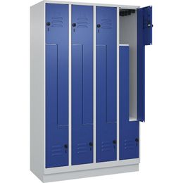 C+P Z-Spind Classic PLUS, 4 Abteile, lichtgrau / enzianblau, B 1200 mm, mit Bodensockel, Drehriegel