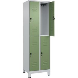 C+P Doppelstock-Spind Classic PLUS, 2 Abteile, lichtgrau / resedagrün, HxB 1950 x 600 mm, mit Füßen, Drehriegel