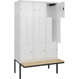 C+P Z-Spind Classic PLUS Sitzbank, 3 Abteile, verkehrsweiß, B 1200 mm, Zylinderschloss, auskragend, Buche-Hartholz