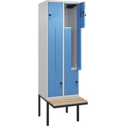 C+P Z-Spind Classic PLUS Sitzbank, 2 Abteile, lichtgrau / lichtblau, B 600 mm, Sicherheits-Drehriegel, auskragend, Buche-Hartholz