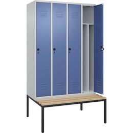 C+P Schwarz-Weiß-Spind Classic PLUS Sitzbank, schmal, 4 Abteile, Trennwand verkürzt, lichtgrau / fernblau, B 1200 mm, Sicherheits-Drehriegel, untergebaut, Buche-Hartholz
