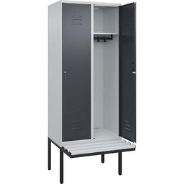 C+P Spind Classic PLUS Sitzbank, 2 Abteile, lichtgrau / grau, B 800 mm, Zylinderschloss, auskragend, Kunststoff