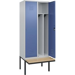 C+P Schwarz-Weiß-Spind Classic PLUS Sitzbank, schmal, 2 Abteile, Trennwand verkürzt, lichtgrau / fernblau, B 800 mm, Zylinderschloss, auskragend, Buche-Hartholz