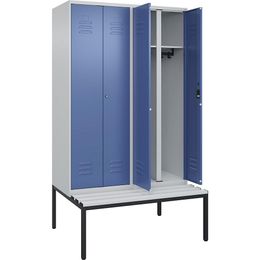 C+P Schwarz-Weiß-Spind Classic PLUS Sitzbank, 2 Abteile, lichtgrau / fernblau, B 1200 mm, Zylinderschloss, untergebaut, Kunststoff