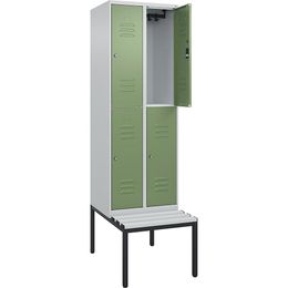 C+P Doppelstock-Spind Classic PLUS Sitzbank, 2 Abteile, lichtgrau / resedagrün, B 600 mm, Zylinderschloss, untergebaut, Kunststoff