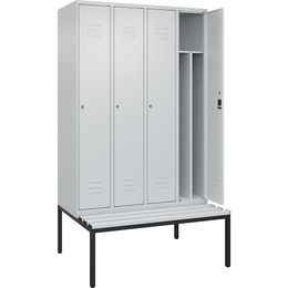 C+P Schwarz-Weiß-Spind Classic PLUS Sitzbank, schmal, 4 Abteile, Trennwand verkürzt, lichtgrau, B 1200 mm, Zylinderschloss, untergebaut, Kunststoff