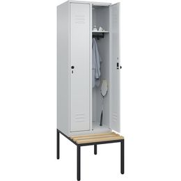 C+P Spind Classic PLUS Sitzbank, 2 Abteile, lichtgrau, B 600 mm, Sicherheits-Drehriegel, untergebaut, Buche-Hartholz