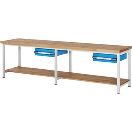 eurokraft pro Werkbank, Gestellbauweise Serie 8000, 2 Schubladen 150 mm, 2 Ablageböden, BxT 3000 x 700 mm