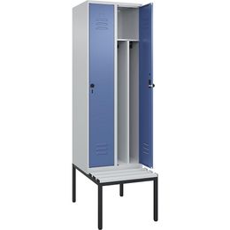 C+P Schwarz-Weiß-Spind Classic PLUS Sitzbank, schmal, 2 Abteile, Trennwand verkürzt, lichtgrau / fernblau, B 600 mm, Sicherheits-Drehriegel, untergebaut, Kunststoff