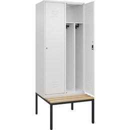C+P Schwarz-Weiß-Spind Classic PLUS Sitzbank, schmal, 2 Abteile, Trennwand verkürzt, verkehrsweiß, B 800 mm, Zylinderschloss, untergebaut, Buche-Hartholz
