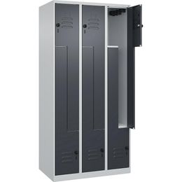 C+P Z-Spind Classic PLUS, 3 Abteile, lichtgrau / grau, B 900 mm, mit Bodengleitern, Drehriegel