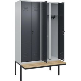 C+P Schwarz-Weiß-Spind Classic PLUS Sitzbank, 2 Abteile, lichtgrau / grau, B 1200 mm, Sicherheits-Drehriegel, auskragend, Buche-Hartholz