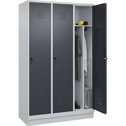 C+P Schwarz-Weiß-Spind Classic PLUS, schmal, 3 Abteile, Trennwand verkürzt, lichtgrau / grau, B 1200 mm, mit Bodensockel, Drehriegel, Trennwand mittig