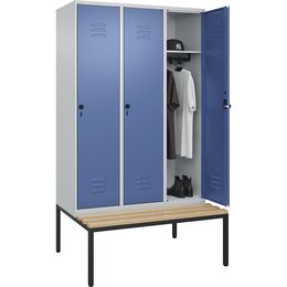 C+P Spind Classic PLUS Sitzbank, 3 Abteile, lichtgrau / fernblau, B 1200 mm, Sicherheits-Drehriegel, untergebaut, Buche-Hartholz