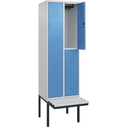 C+P Doppelstock-Spind Classic PLUS Sitzbank, 2 Abteile, lichtgrau / lichtblau, B 600 mm, Zylinderschloss, auskragend, Kunststoff